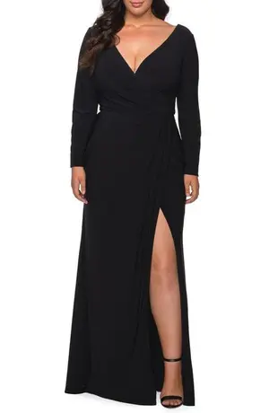 La Femme Long Sleeve Ruching Prom Dress - Black