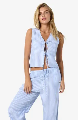 NOISY MAY Frida Tie Front Crop Vest - Sky Blue Stripes White