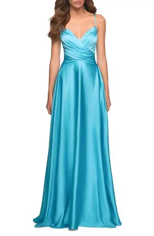 La Femme Sleeveless Satin Gown - Cloud Blue