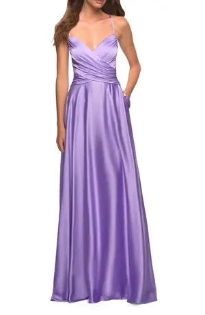 La Femme Sleeveless Satin Gown - Lavender