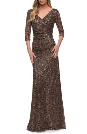 La Femme Sequin Gown With Three-quarter Sleeves