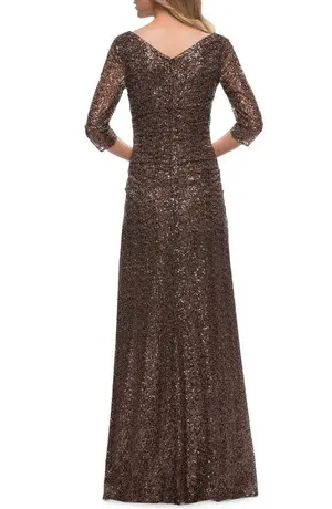 La Femme Sequin Gown With Three-quarter Sleeves