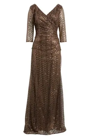 La Femme Sequin Gown With Three-quarter Sleeves