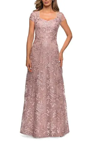 La Femme Cap Sleeve Floral Gown With Sweetheart Neckline - Mauve