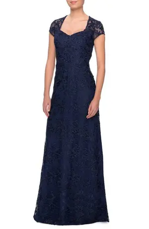 La Femme Cap Sleeve Floral Gown With Sweetheart Neckline - Navy