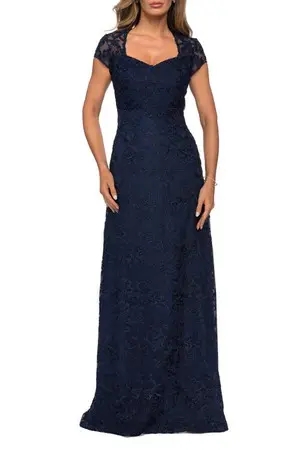 La Femme Cap Sleeve Floral Gown With Sweetheart Neckline - Navy
