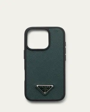 Prada Men's IPhone 16 Pro Leather Triangle Logo Case Smeraldo