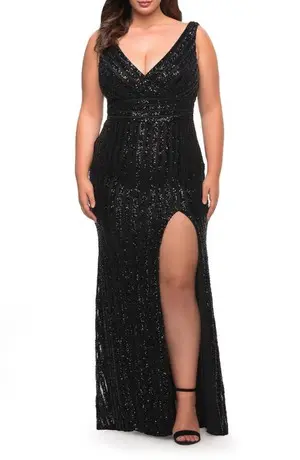 La Femme Sequin Column Gown With Slit