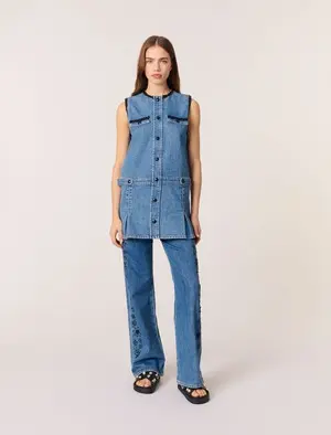Maje Sleeveless Denim Mini Dress With Beaded Trim