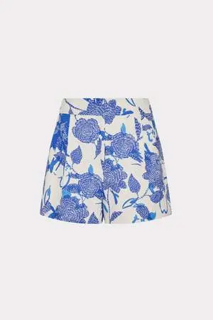 MILLY Floral Print Linen High-waisted Shorts - Blue