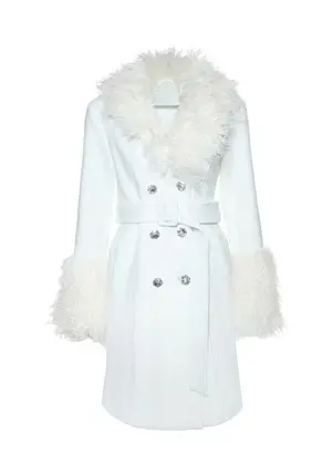 SPARKL Trench Coat With Faux Fur And Crystal Button Details - White