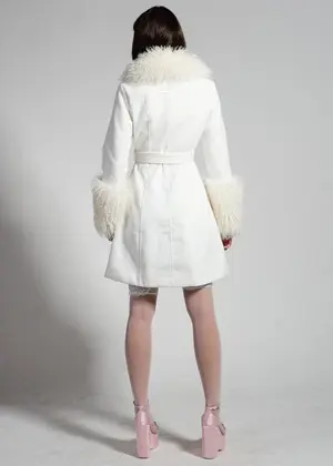 SPARKL Trench Coat With Faux Fur And Crystal Button Details - White