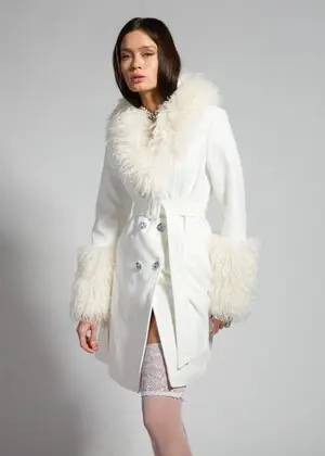SPARKL Trench Coat With Faux Fur And Crystal Button Details - White