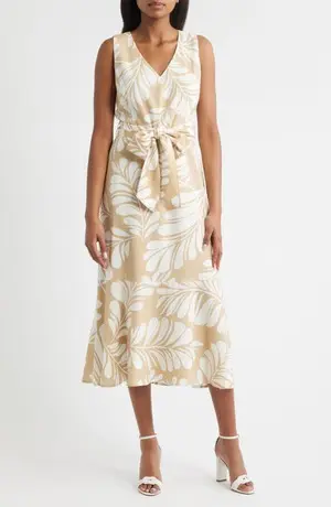 Anne Klein Leaf Print Sleeveless Midi Dress