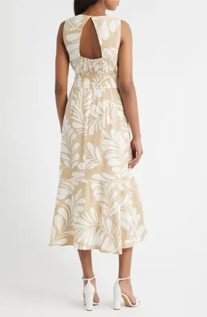 Anne Klein Leaf Print Sleeveless Midi Dress