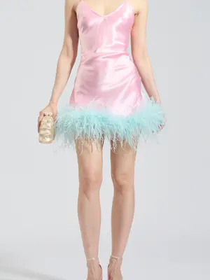 SPARKL Feather-trimmed Silk Mini Dress - Pink/blue