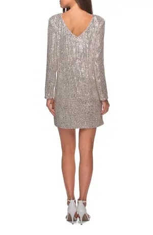 La Femme Long Sleeve Sequined Shift Dress - Light Silver