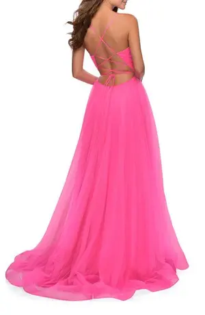 LABOMME Long Tulle A-line Gown With Slit And Pockets - Neon Pink