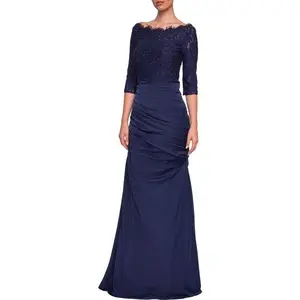 La Femme Gathered Mermaid Gown With Lace Top - Navy