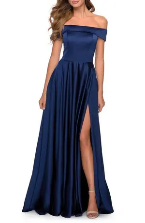 La Femme Satin Off-the-shoulder Evening Dress - Navy