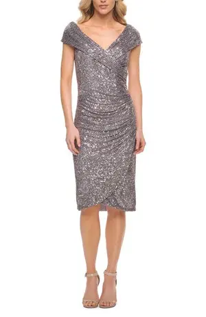 La Femme Off-the-shoulder Sequin Evening Dress - Silver