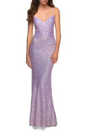 La Femme Sequin Prom Gown With Strappy Back - Light Periwinkle
