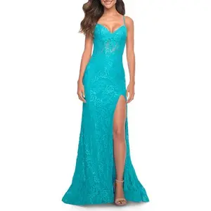 La Femme Lace Prom Gown With Sheer Bodice And Tie Back - Aqua
