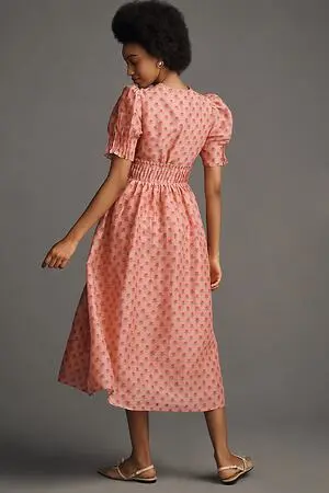 Lovaan Boehm Short-Sleeve V-Neck Linen-Silk Midi Dress In Tiny Rose Print -  69% Off | Editorialist