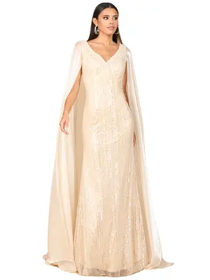 LARA NEW YORK Beaded V-neck Gown With Cape Sleeves