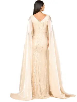 LARA NEW YORK Beaded V-neck Gown With Cape Sleeves