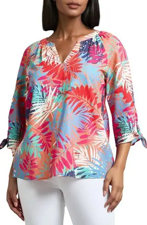 Jones New York Leaf Print Linen Blend Popover Top