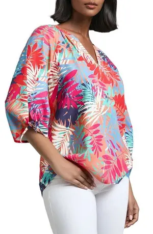 Jones New York Leaf Print Linen Blend Popover Top
