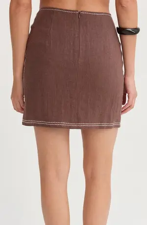 CRESCENT Embroidered Contrast Stitch Linen Mini Skirt - Brown