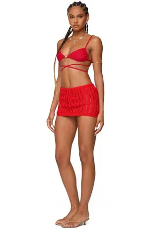 EDIKTED Open Stitch Drawstring Miniskirt - Red