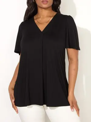 LIVE UNLIMITED Jersey Flutter Sleeve V-neck T-shirt - Black