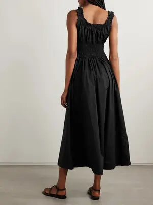 DÔEN Emmaretta Shirred Organic Cotton-voile Midi Dress - Black