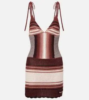 Attico Crochet Striped Cotton Minidress - Brown