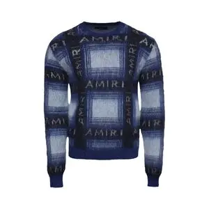 Amiri Brushed Mohair Plaid Crew - Blue