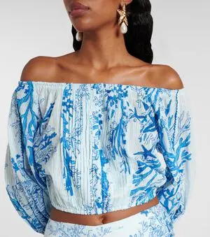 Poupette St Barth Printed Off-shoulder Cotton Top - Blue
