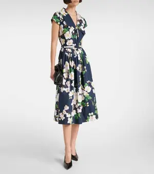 Oscar De La Renta Floral Pleated Cotton-blend Midi Dress