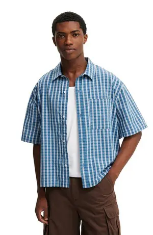 COTTON ON Darcy Short Sleeve Shirt Blue Grid Check