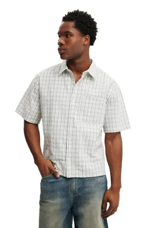 COTTON ON Darcy Short Sleeve Shirt Off White Micro Check
