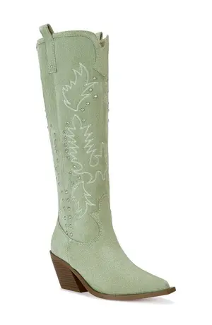 AZALEA WANG Beckett Pointed Toe Knee High Western Boot - Mint