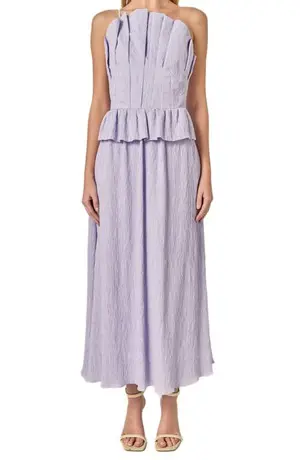 English Factory Pleated Ruffle Strapless Maxi Dress - Lavender