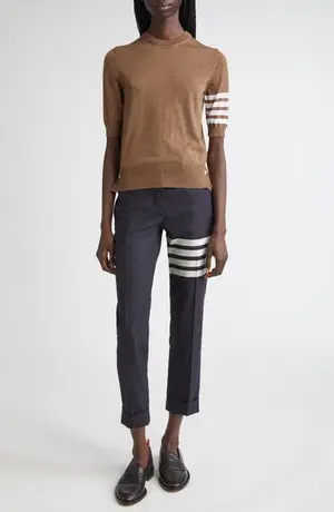Thom Browne 4-bar Short Sleeve Wool Blend Sweater - Walnut