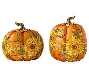 EVERGREEN S/2 Carved Pumpkins W/ Sunflowers - One-color