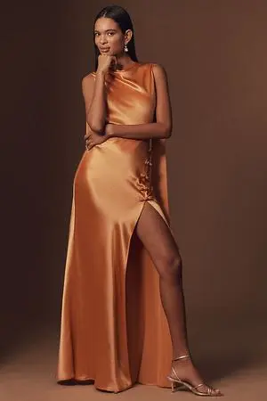 SAU LEE Priscilla Satin High-neck Column Maxi Dress - Terracotta