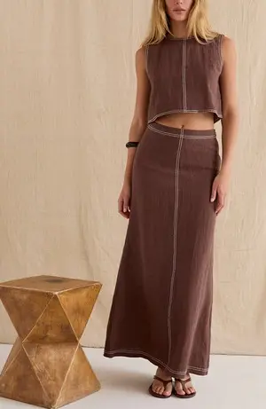 CRESCENT Embroidered Linen Crop Top - Brown