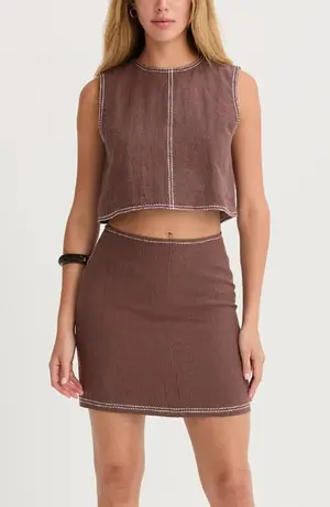 CRESCENT Embroidered Linen Crop Top - Brown