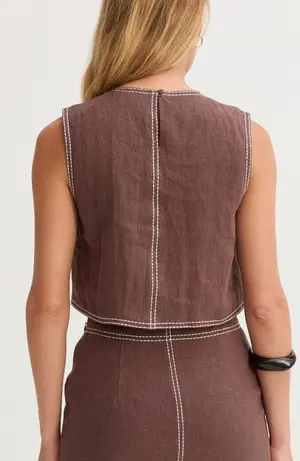 CRESCENT Embroidered Linen Crop Top - Brown